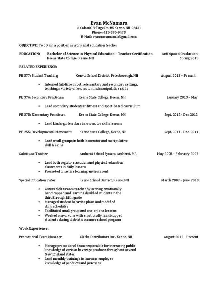 Physical Education Teacher Resume | PDF | Self-Improvement
