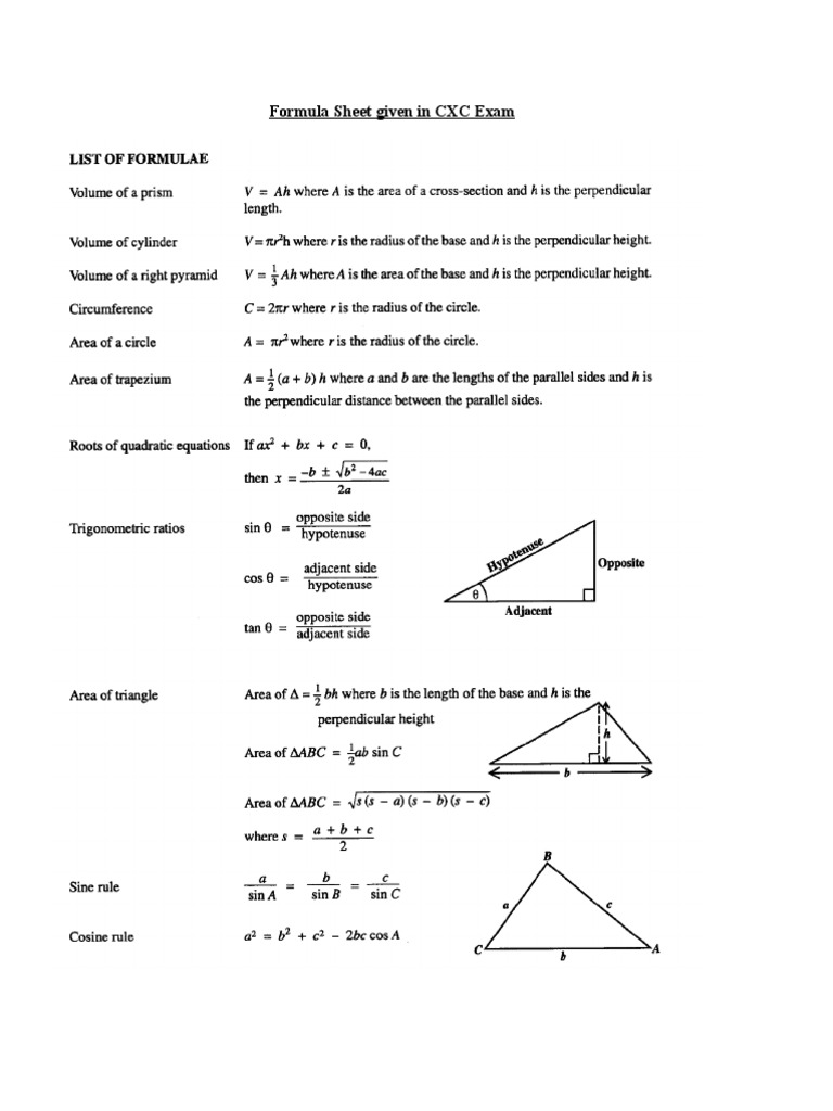 CXC CSEC Mathematics Formula Sheet | PDF