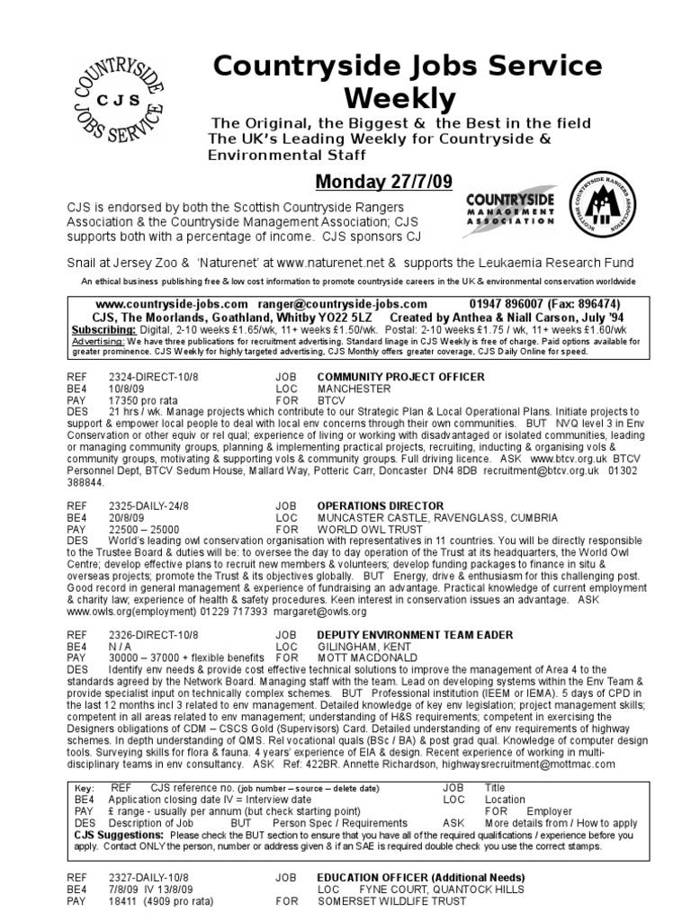 Countryside Jobs Service Weekly: Monday 27/7/09 | PDF | Forestry ...