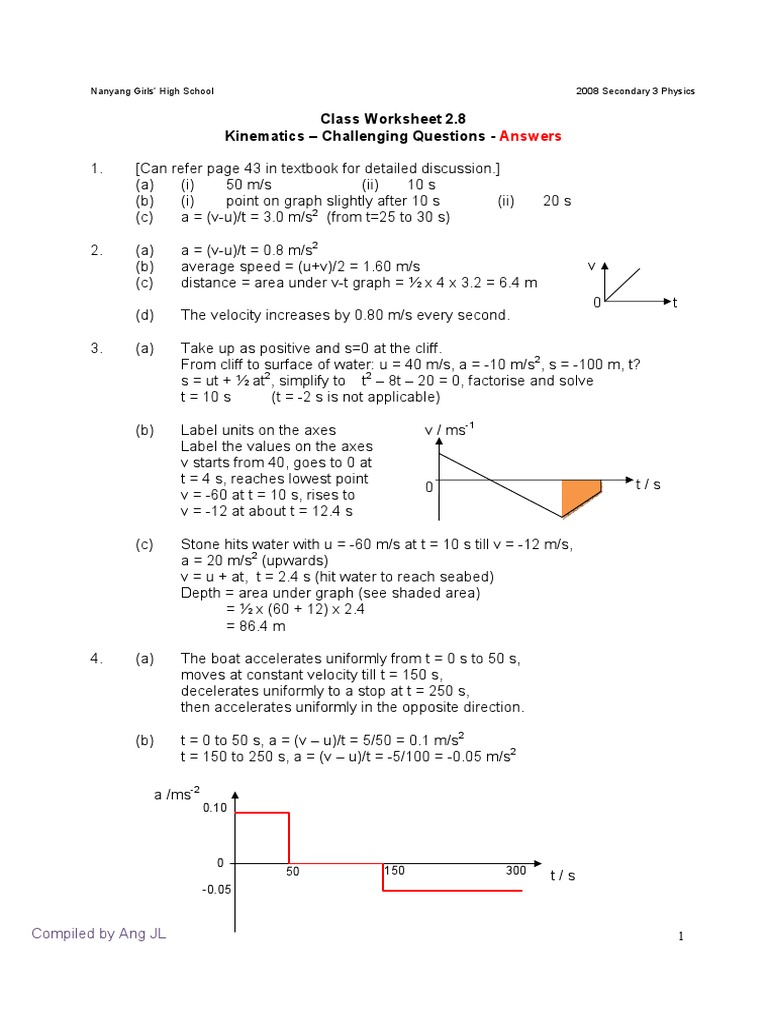 Kinematics Worksheet Answers for Physics | PDF