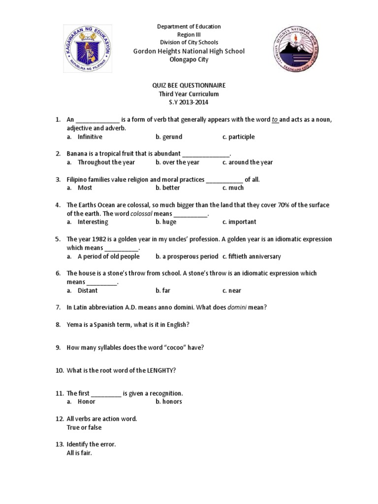Quiz Bee Questionnaire for Third Year Students | PDF