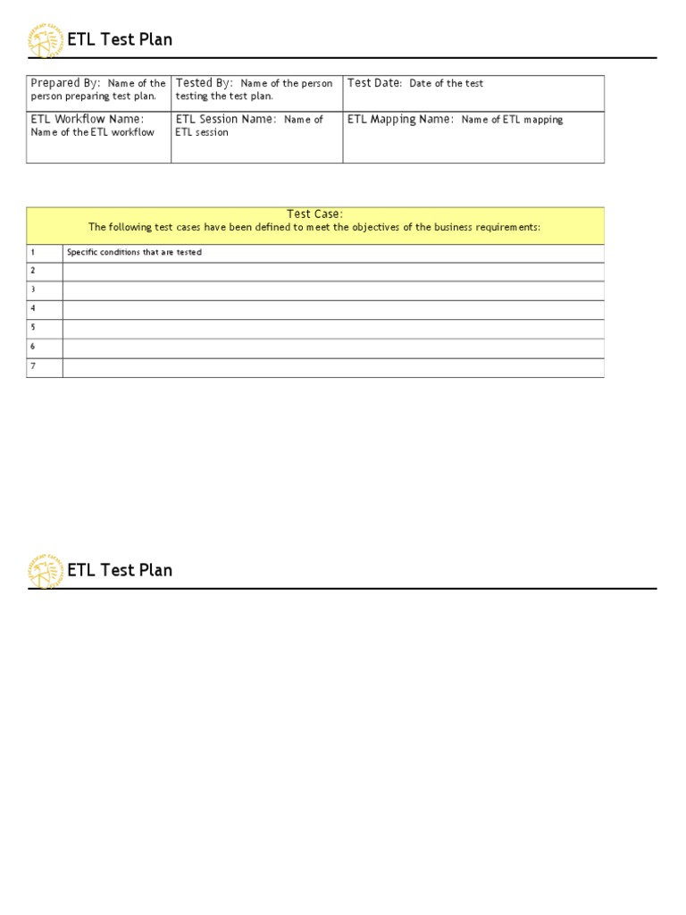 Etl Test Plan Template With Descriptions Pdf