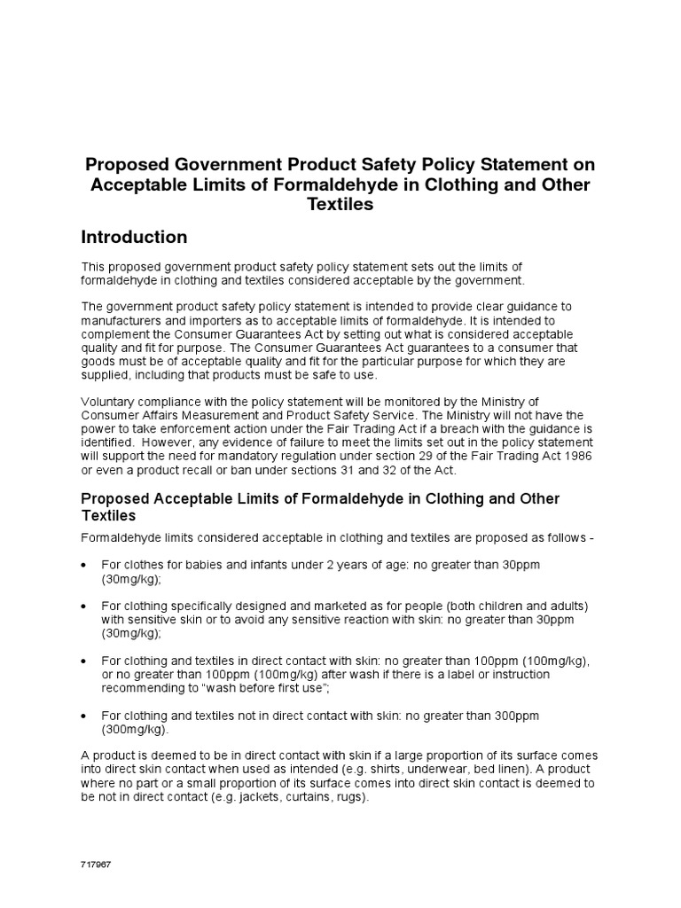 Acceptable Limits of Formaldehyde in Clothing and Other Textiles | PDF ...