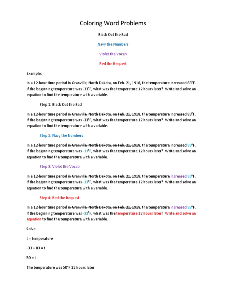 Coloring Word Problems Example Ws | PDF | Teaching Methods & Materials
