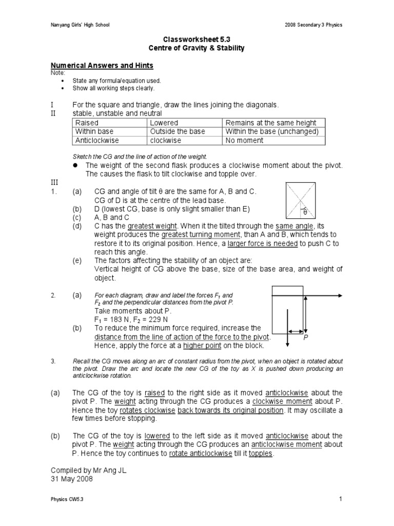 Classworksheet 5.3 Centre of Gravity & Stability Numerical Answers and ...