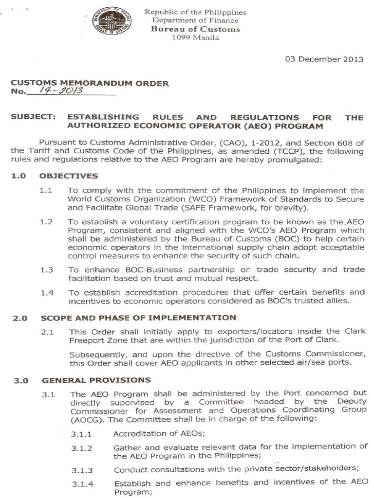 Customs Memorandum Order 14-2013 | PDF