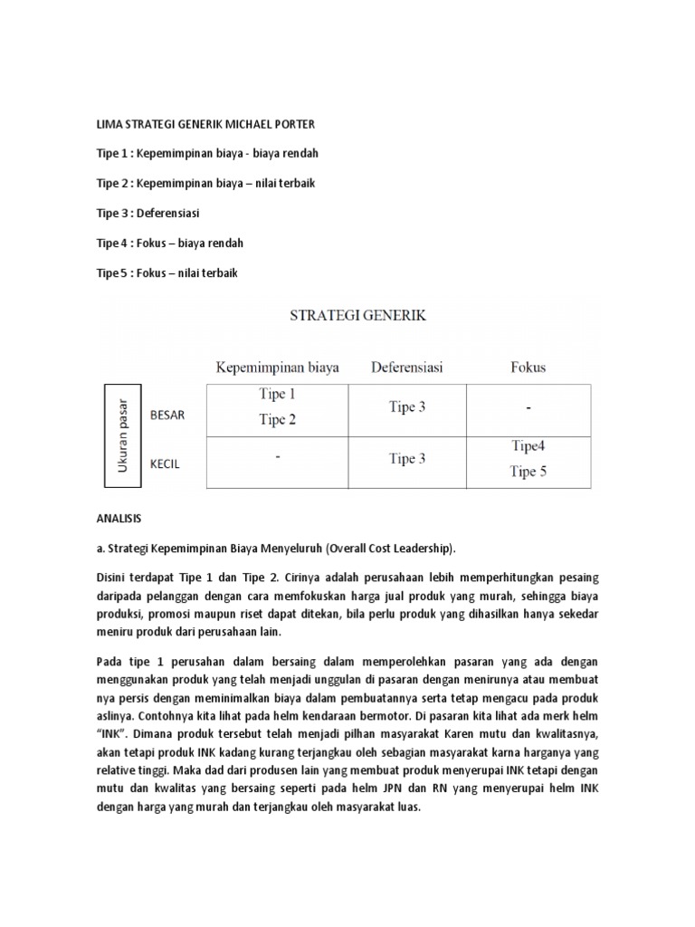 Lima Strategi Generik Michael Porter | PDF