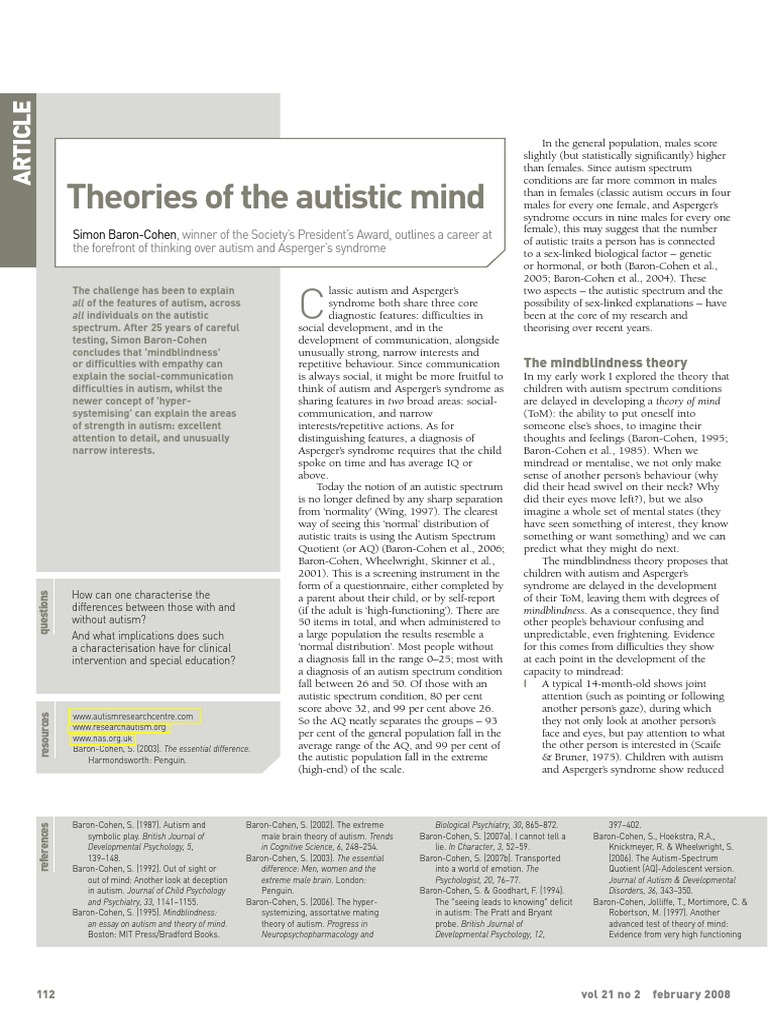 Baron-Cohen Theories of The Autistic Mind 2008 | PDF | Autism | Empathy