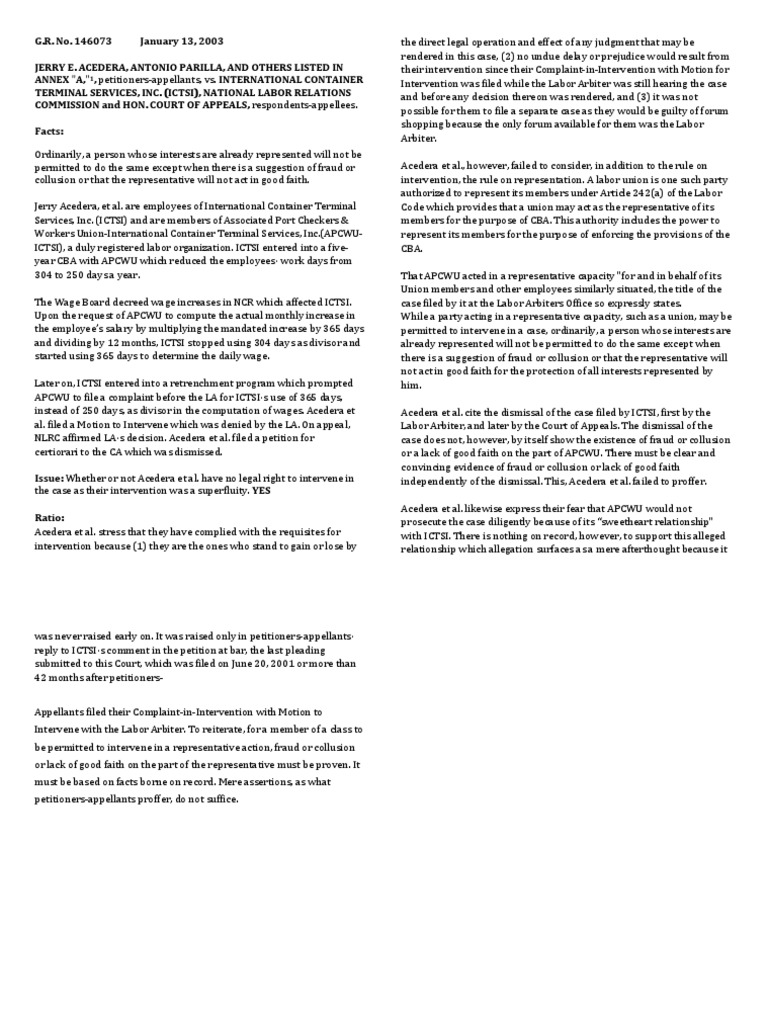 Acedera Vs ICTSI | PDF | Arbitration | Employment