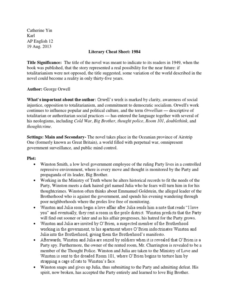 Literary Cheat Sheet (1984) | PDF