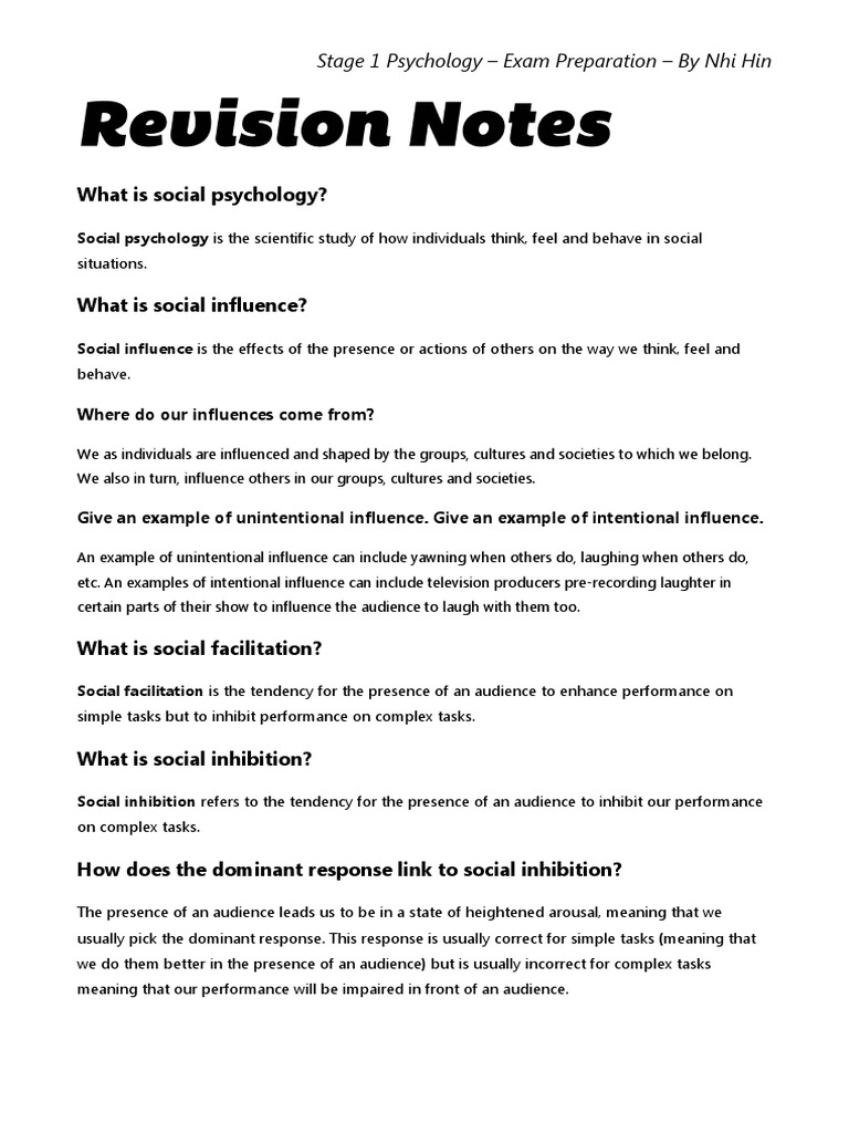 SACE Stage 1 - Psychology Revision Notes | PDF | Conformity | Social ...