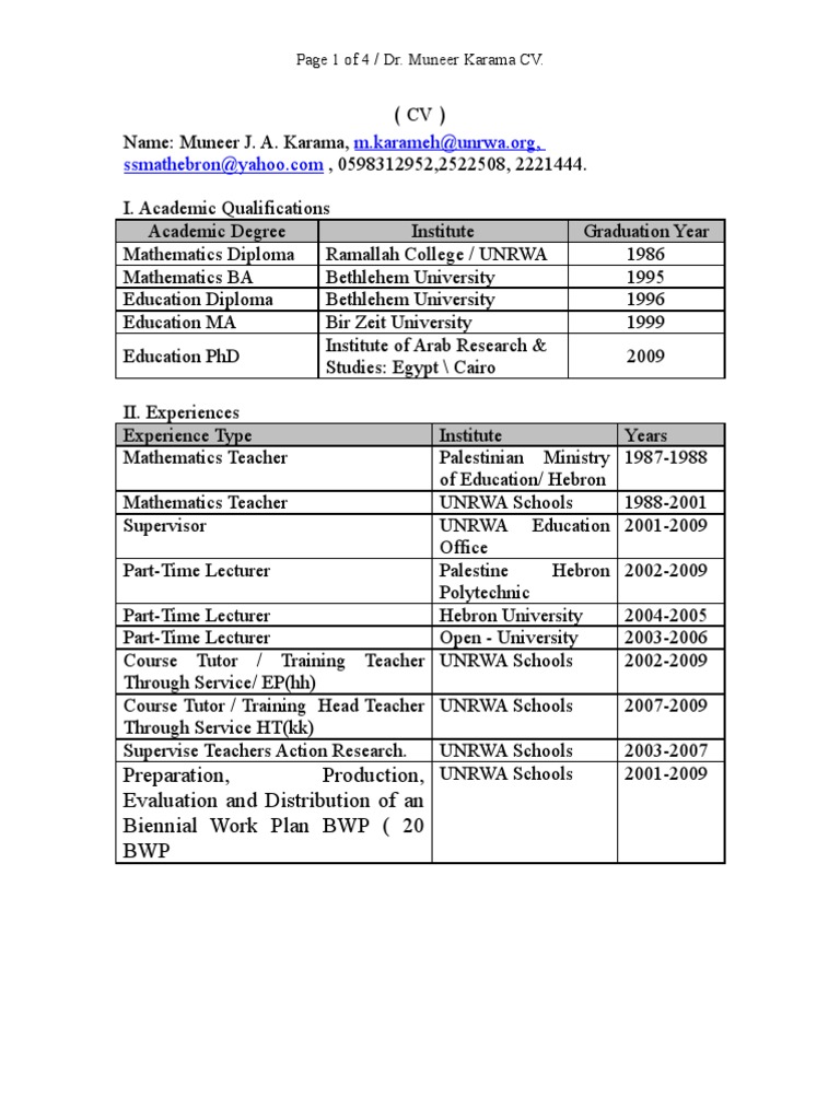 DR Muneer Jebreel Karama CV | PDF | Unrwa | Ramallah