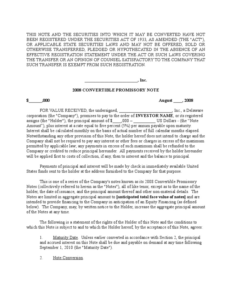 Generic Convertible Note | PDF | Stocks | Securities (Finance)