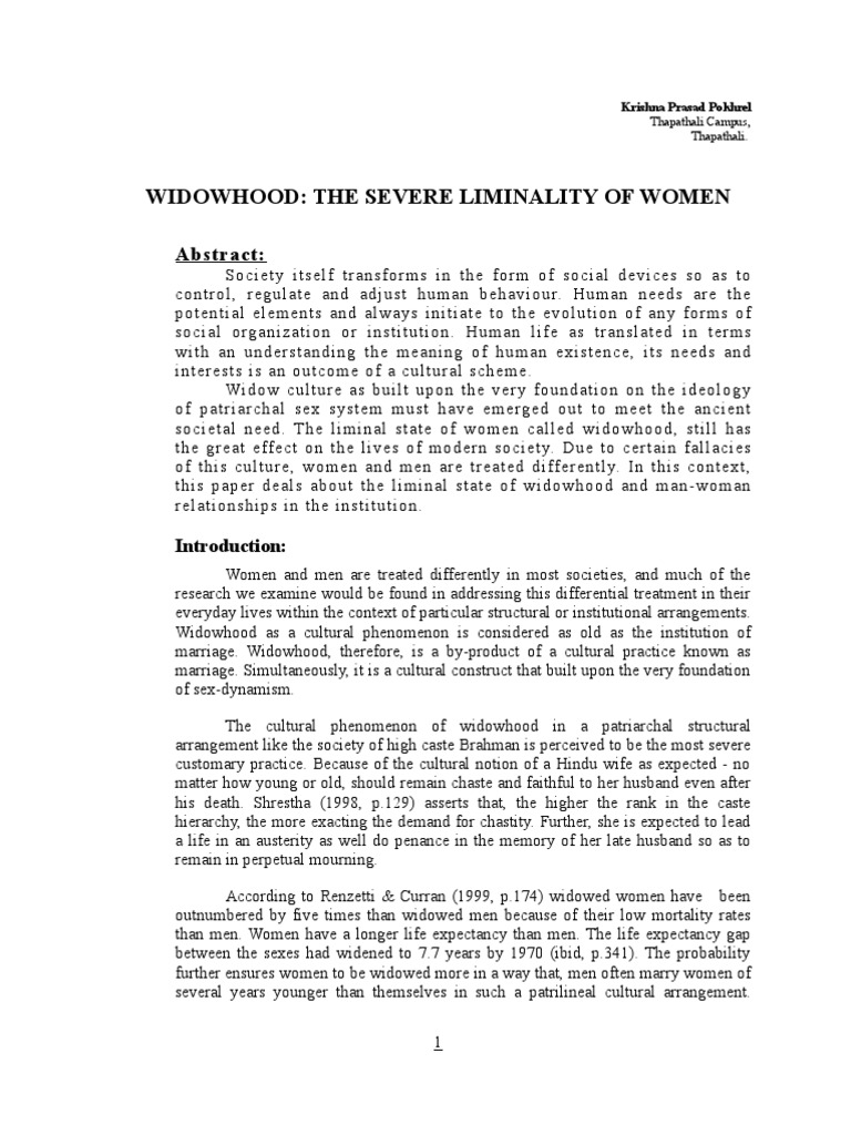Widowhood The Severe Liminality of Women | PDF | Widow | Marriage