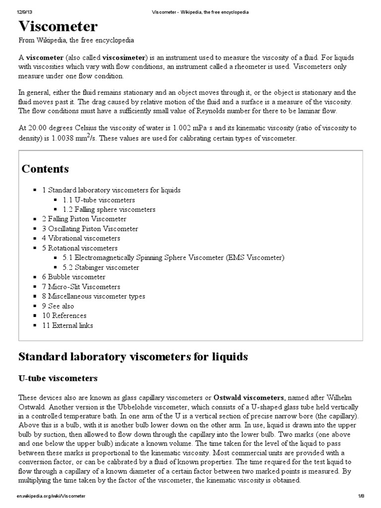 Viscometer - Wikipedia, The Free Encyclopedia | PDF | Viscosity | Mechanics