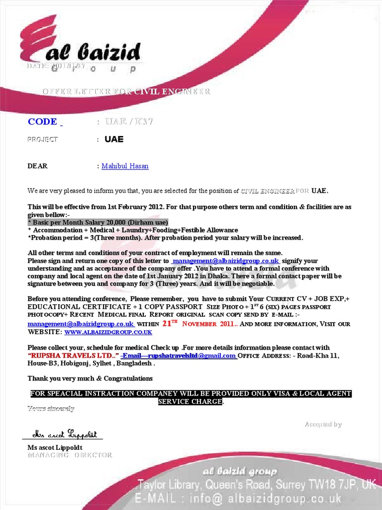 Civil Engineer Job Offer Letter | PDF | Business | Finance & Money ...
