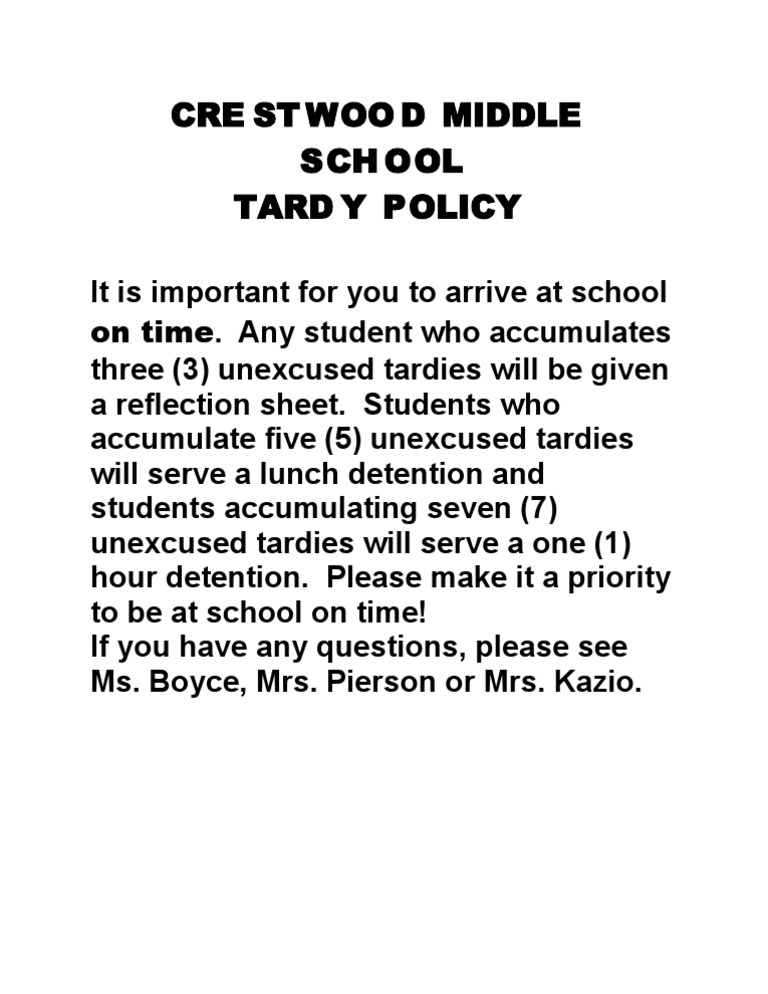 CREST Wood Middle School Tardy Policy | PDF | Wellness