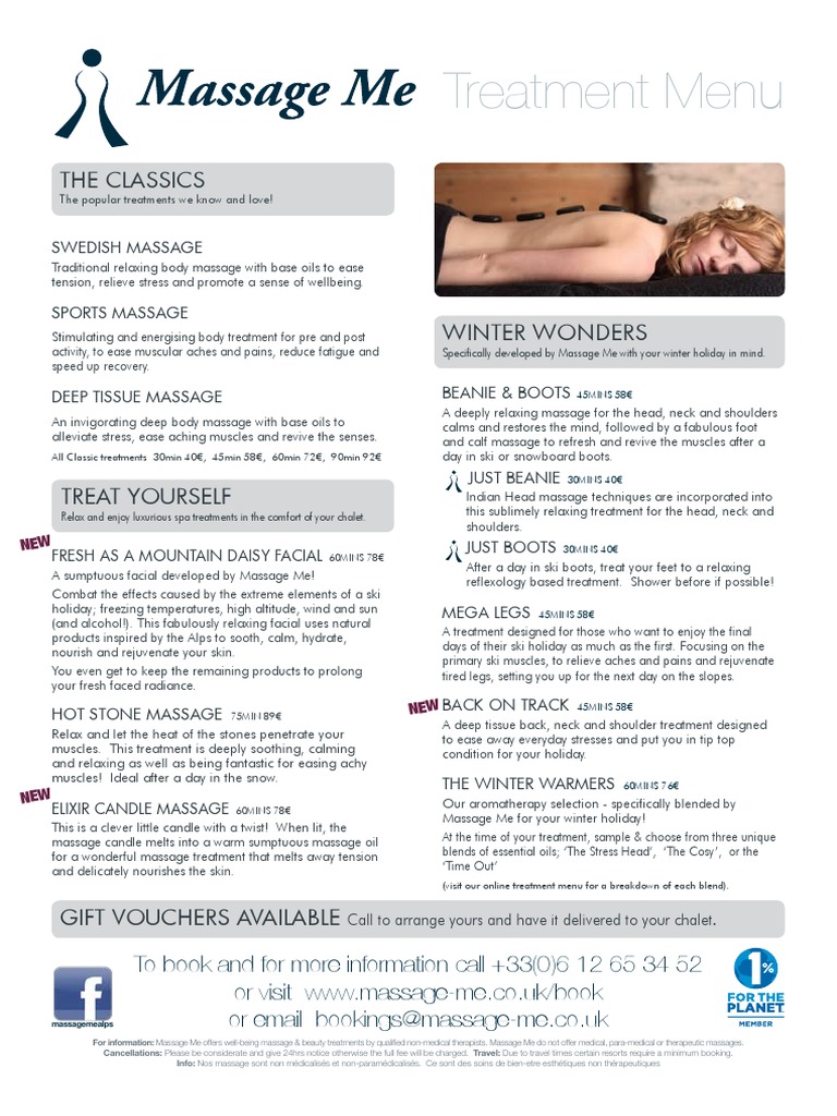Massage Me Treatment Menu 2013 | PDF | Massage | Medical Treatments