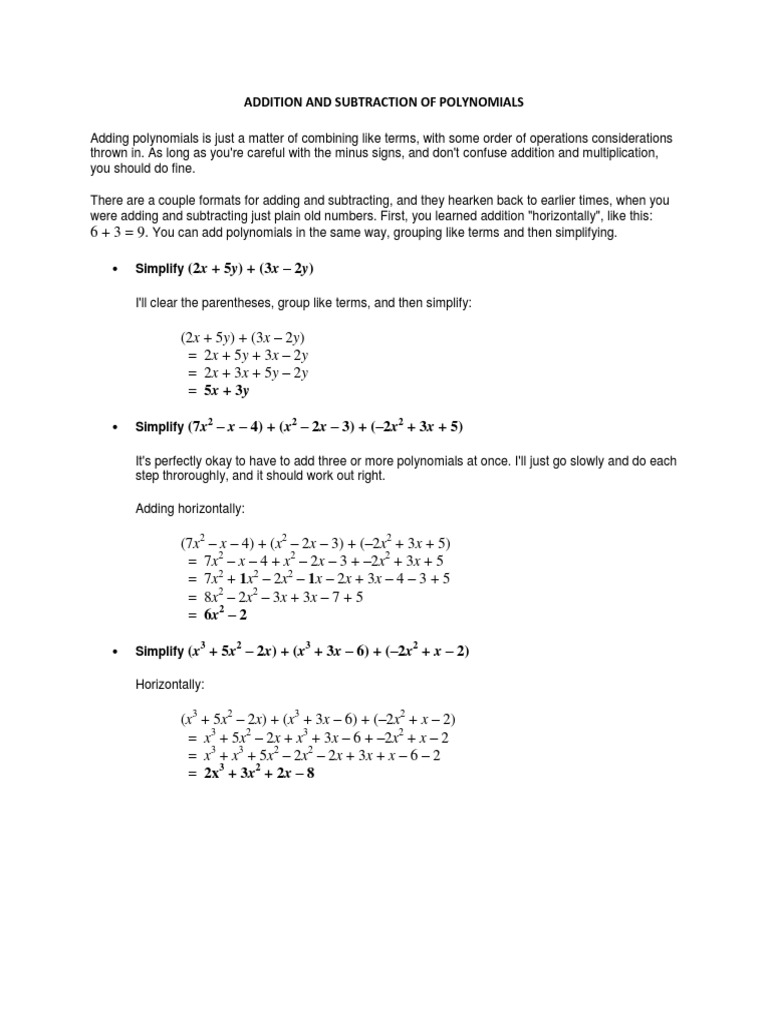 Addition and Subtraction of Polynomials | PDF