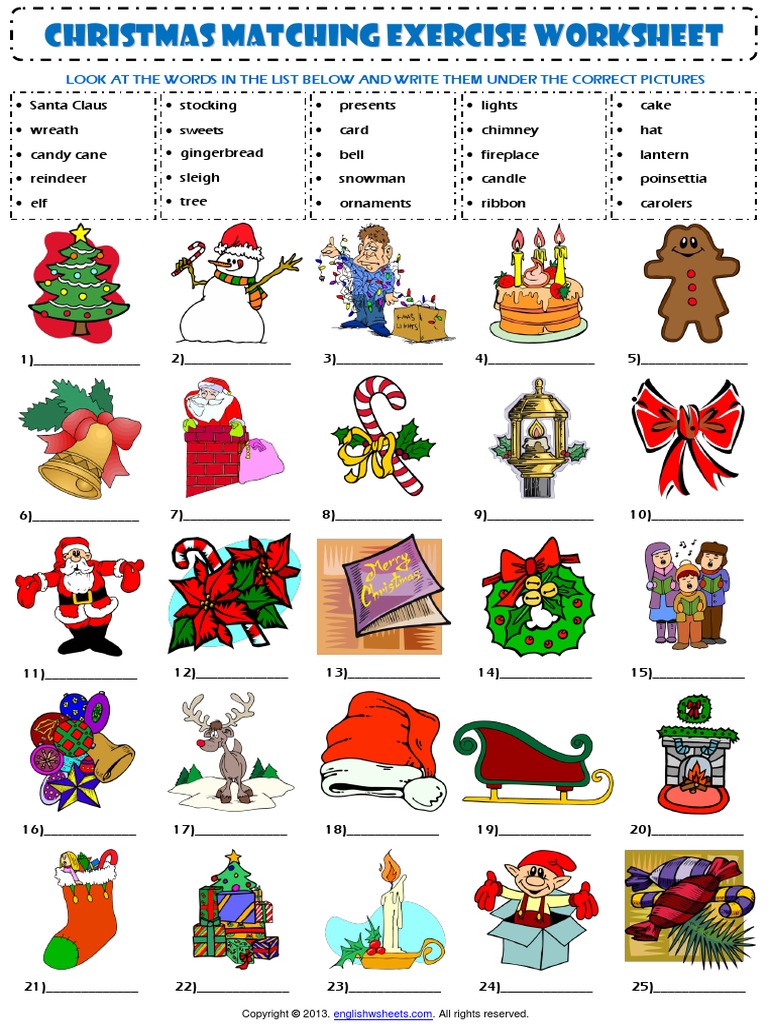 Christmas Vocabulary Matching Exercise Worksheet | PDF