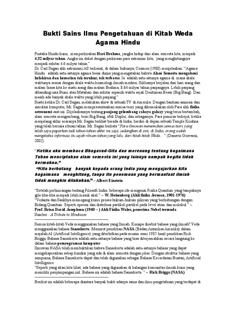Bukti Sains Ilmu Pengetahuan Di Kitab Weda Agama Hindu | PDF