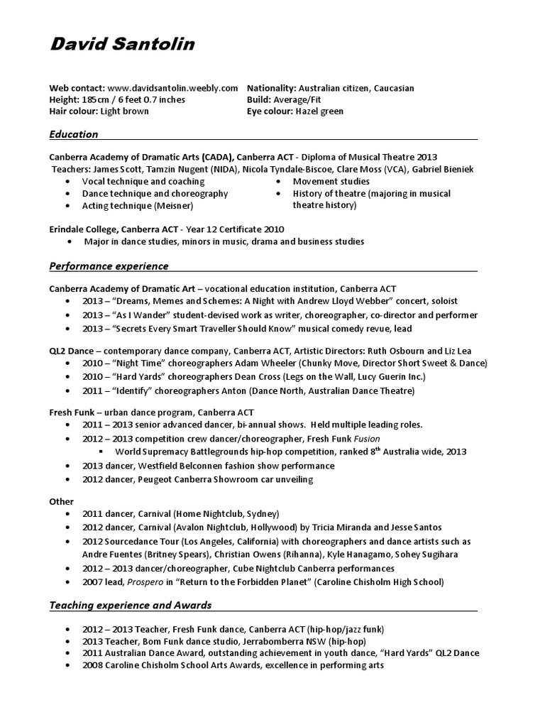 David Santolin - Resume Web Version | PDF | Dances | Performing Arts