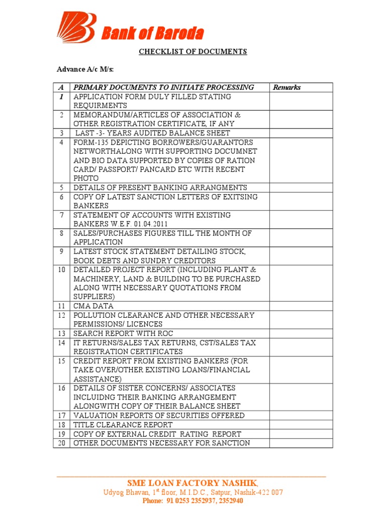 Bank of Baroda: A Primary Documents To Initiate Processing Remarks 1 ...