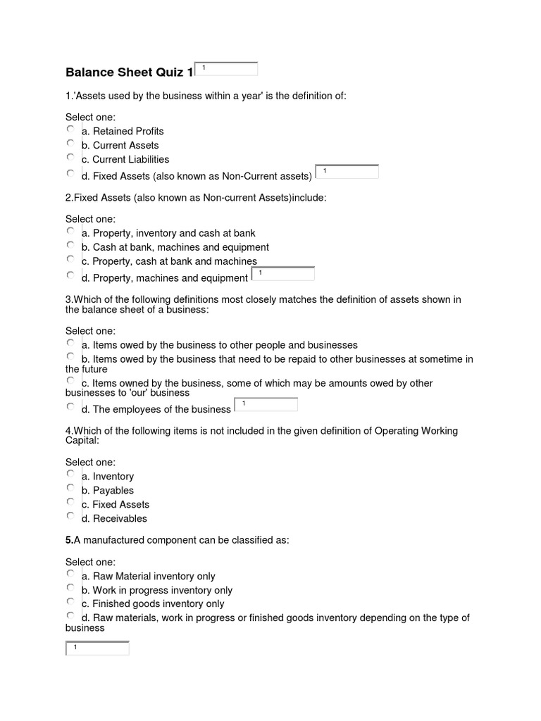 Balance Sheet Quiz 1 | PDF | Balance Sheet | Expense