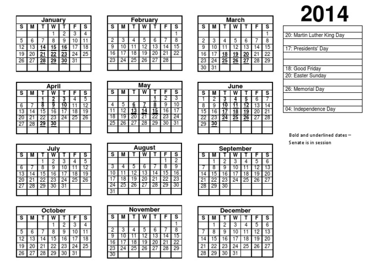 Legislative Calendar For 2014 | PDF
