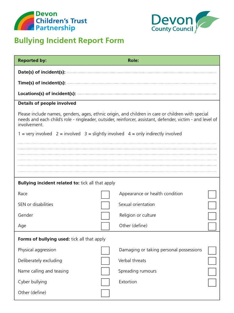 Bullying Incident Report Form | PDF | Wellness