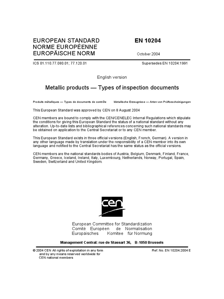 En 10204-2004 Metallic Products - Types of Inspection Documents | PDF ...