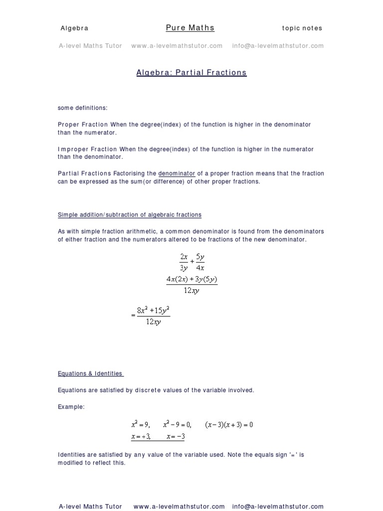 Partial Fractions, Algebra Revision Notes From A-Level Maths Tutor ...