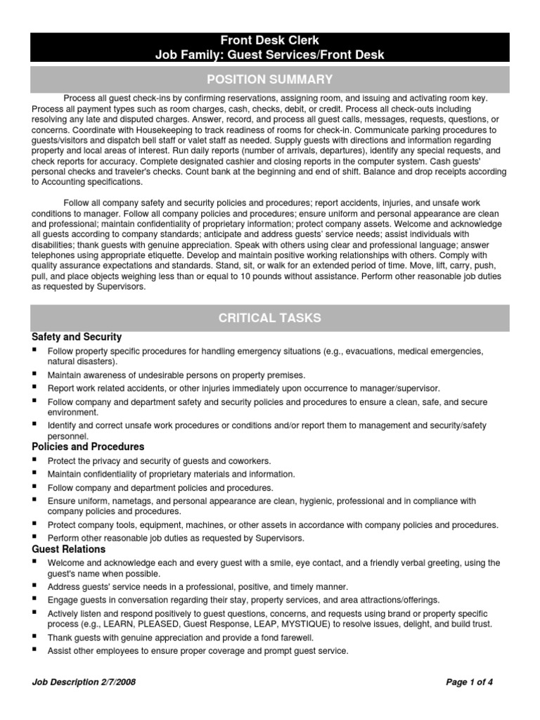 Front Desk Clerk Job Family: Guest Services/Front Desk Position Summary ...