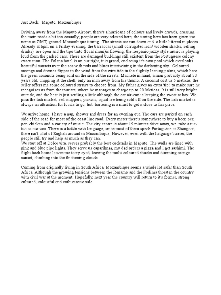 Just Back - A Short Story On Mozambique | PDF