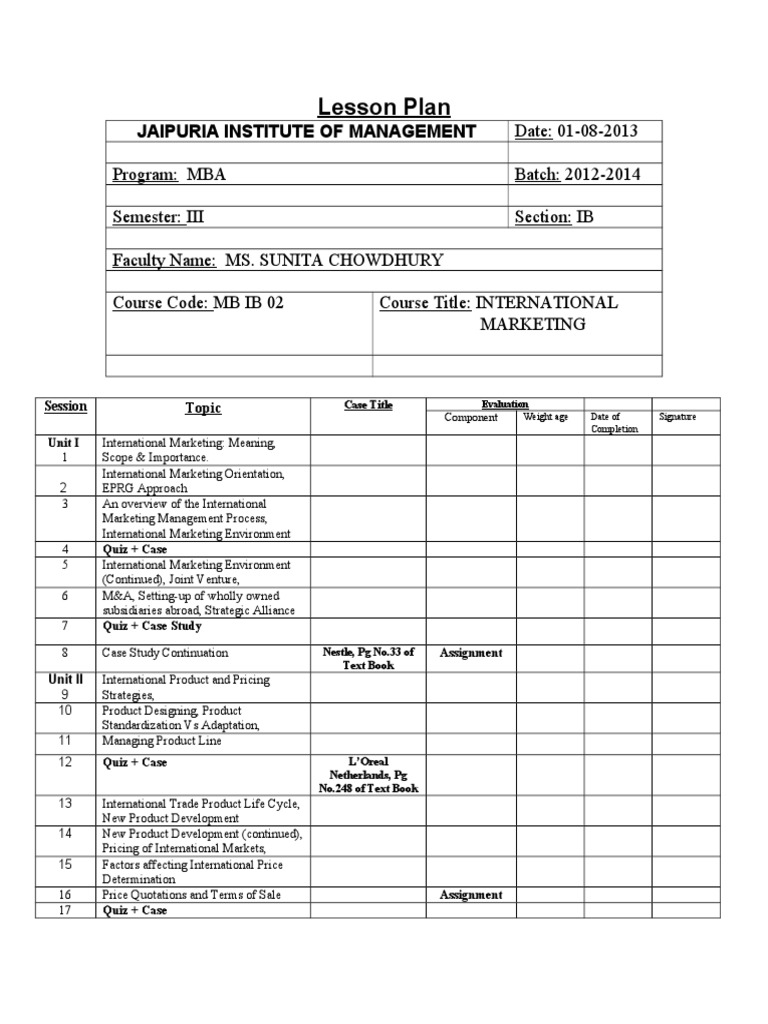 Lesson Plan: Jaipuria Institute of Management | PDF | Business ...