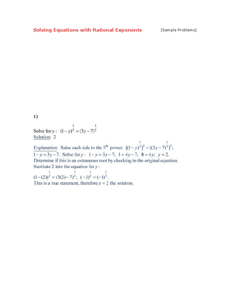 Solving Equations With Rational Exponents: (Sample Problems) | PDF