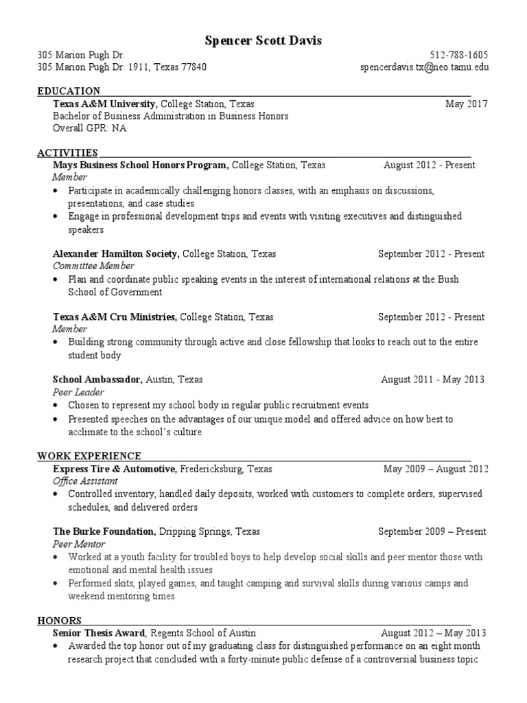 Spencer Davis College Resume | PDF