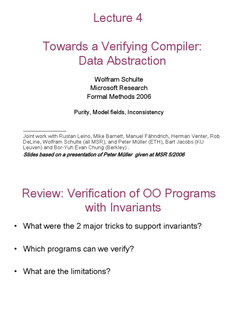Towards A Verifying Compiler: Data Abstraction: Wolfram Schulte Microsoft Research Formal ...