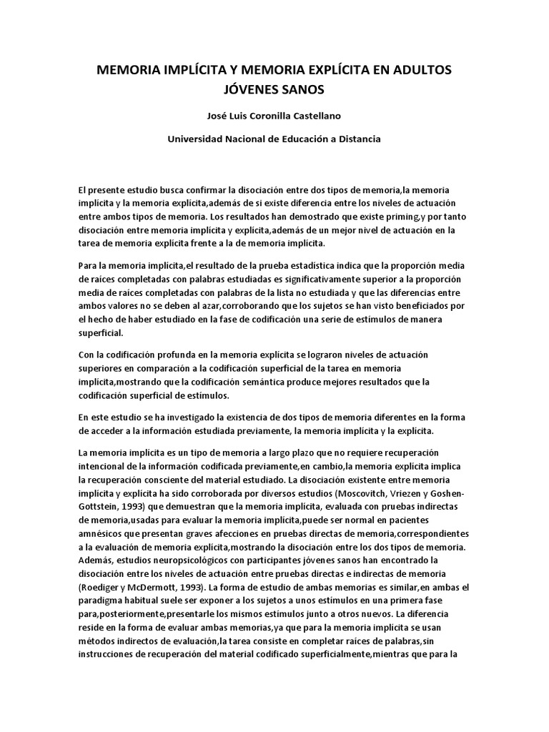 Memoria Implícita y Memoria Explícita en Adultos Jóvenes Sanos | PDF ...