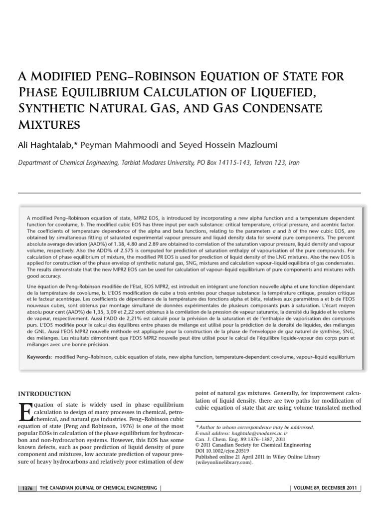 A MODIFIED PENG-ROBINSON EQUATION OF STATE FOR - ELV - 20519 - FTP PDF ...