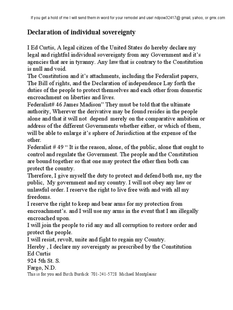Declaration of Individual Sovereignty | United States Constitution | U ...