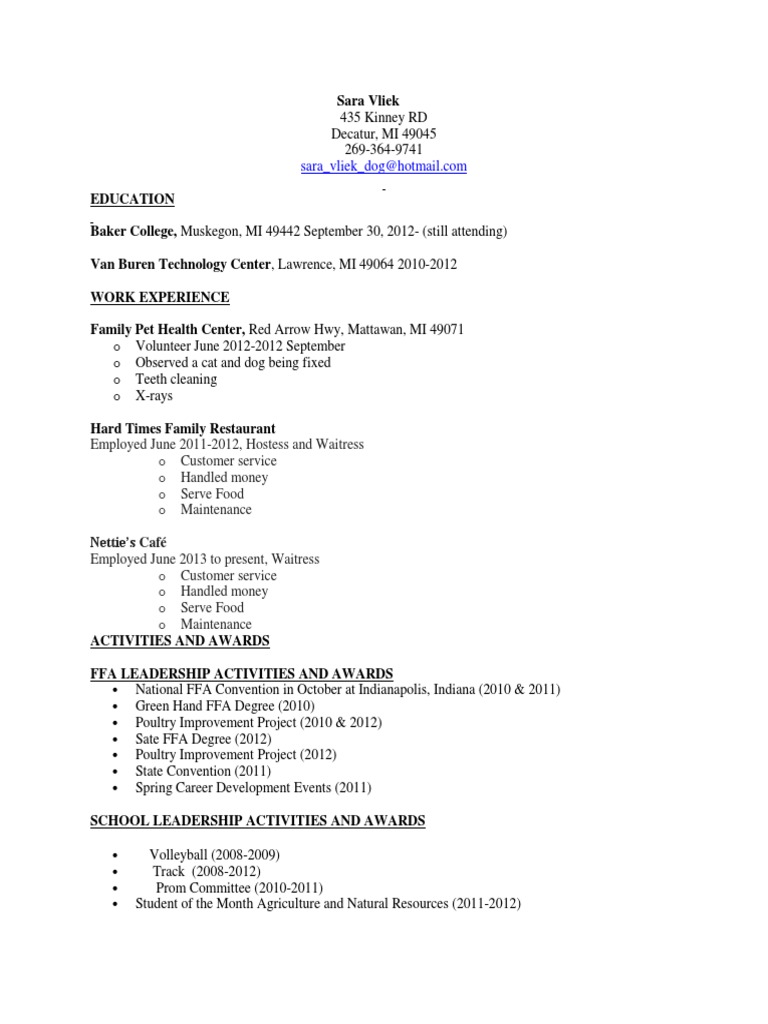Sara Vliek Resume | PDF