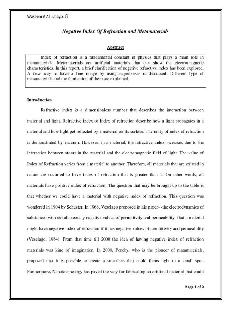 Negative Index of Refraction and Metamaterials | PDF | Metamaterial | Refractive Index