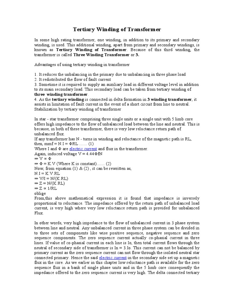 Tertiary Winding of Transformer | PDF | Transformer | Electric Current