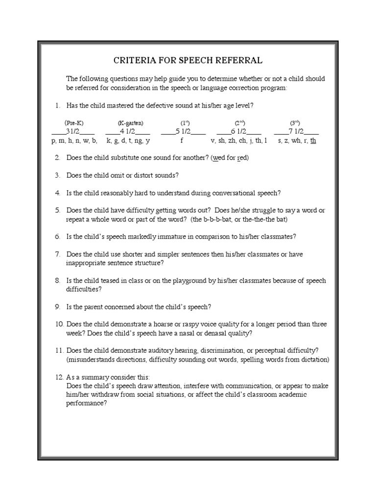 Speech Referral Criteria Checklist | PDF