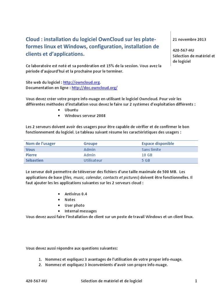 Installation d'OwnCloud sur Linux et Windows | PDF