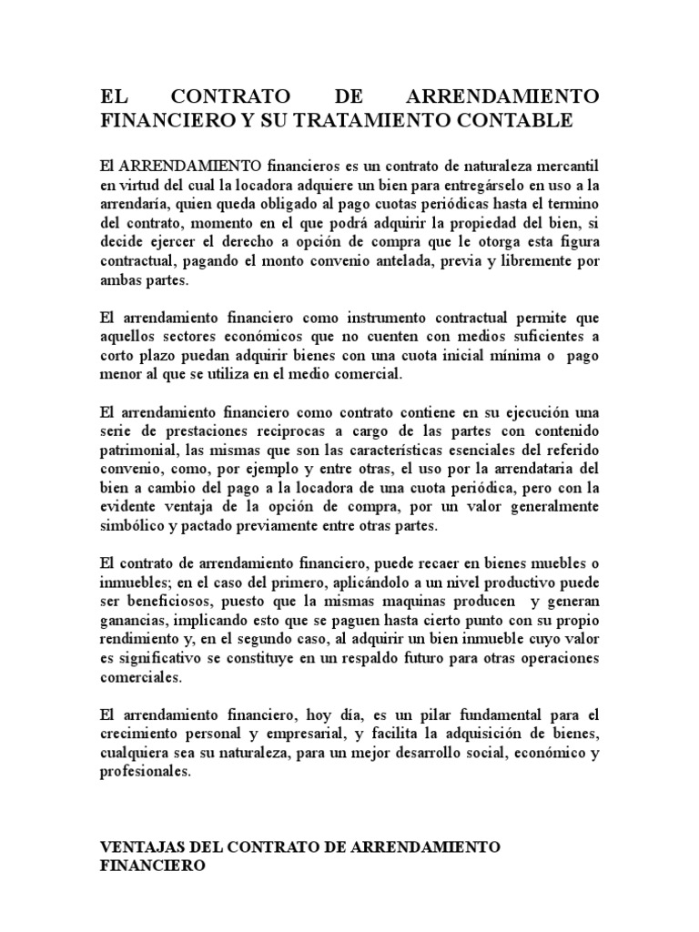 El Contrato de Arrendamiento Financiero y Su Tratamiento Contable