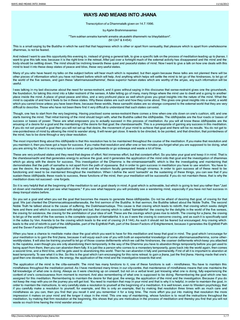 Ways and Means Into Jhana | PDF | Four Noble Truths | Noble Eightfold Path