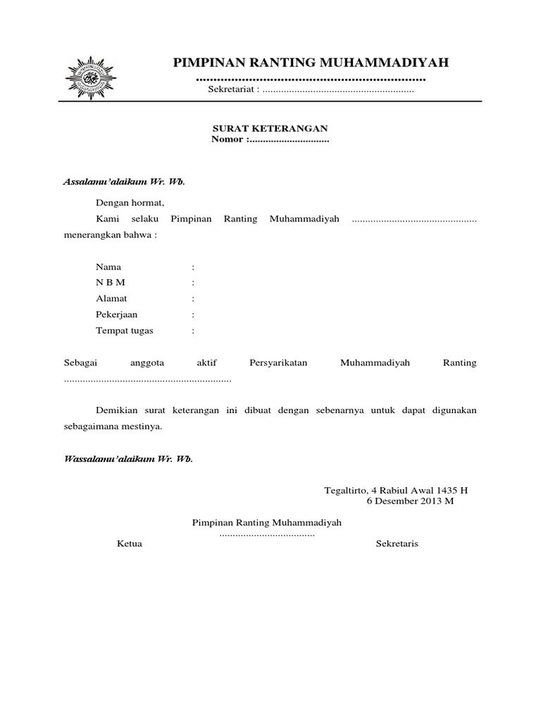 Surat Keterangan Keanggotaan Aktif di Ranting Muhammadiyah | PDF