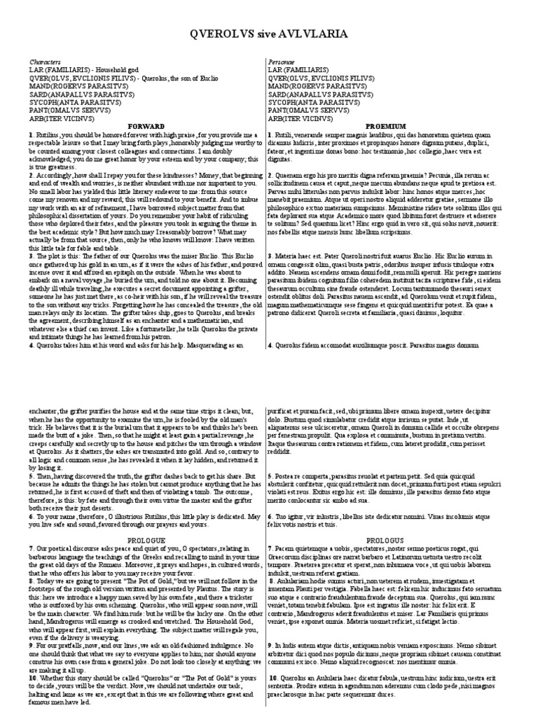 Qverolvs Sive Avlvlaria: Characters Personae | PDF | Leisure